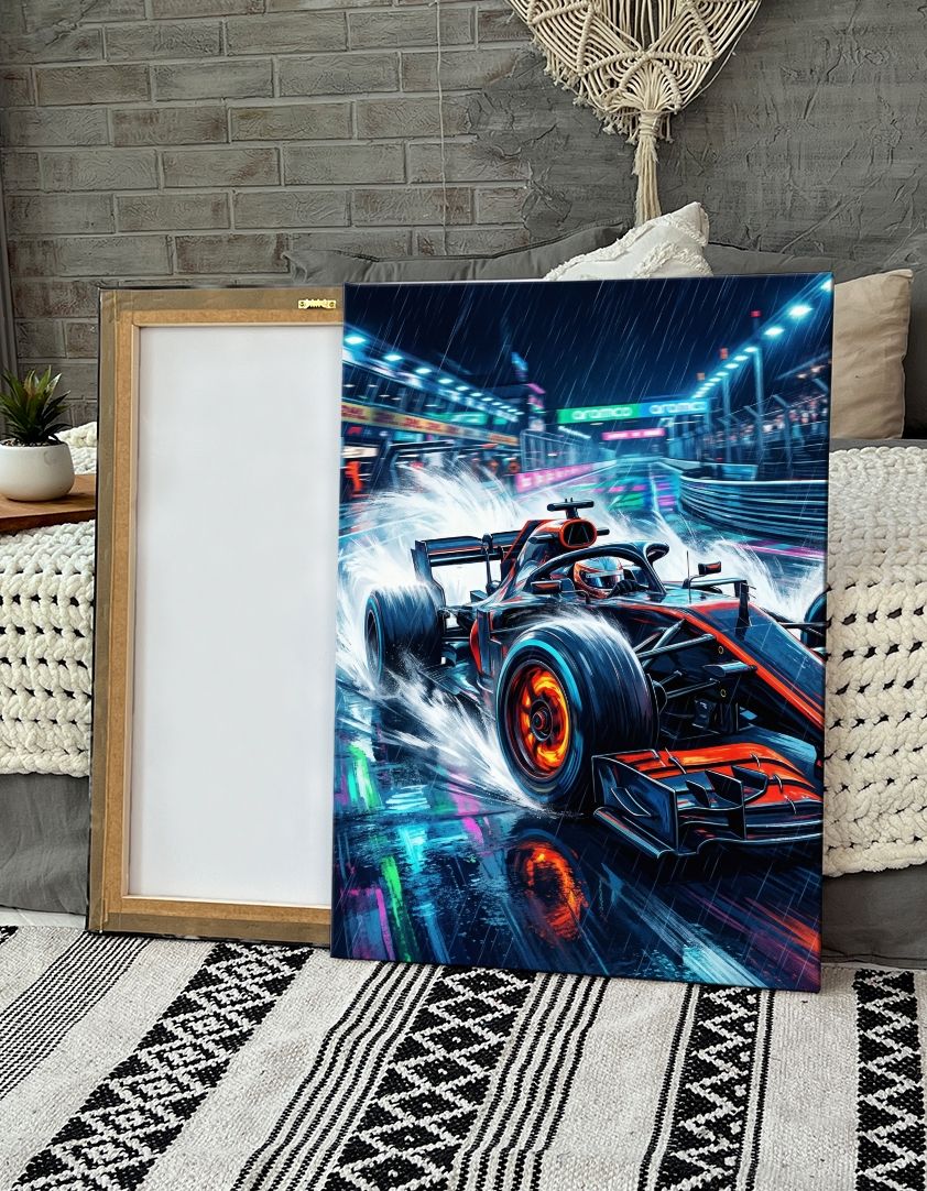 Картина на холсте (Формула 1, болид F1, дождь, ночная гонка, трасса, брызги воды, неоновые огни) 40x60 см. Интерьерная на стену. Украшение в комнату