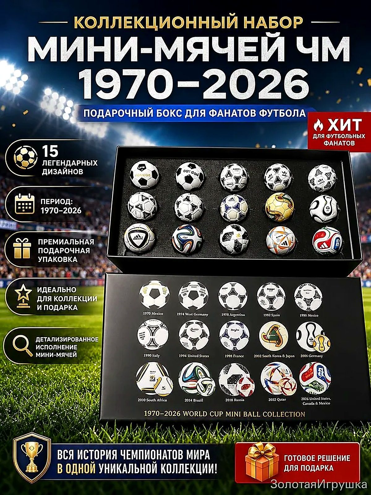 Подарочный набор мини-мячей Чемпионата Мира 1970-2026 (15 шт) Премиальная коробка с золотым тиснением