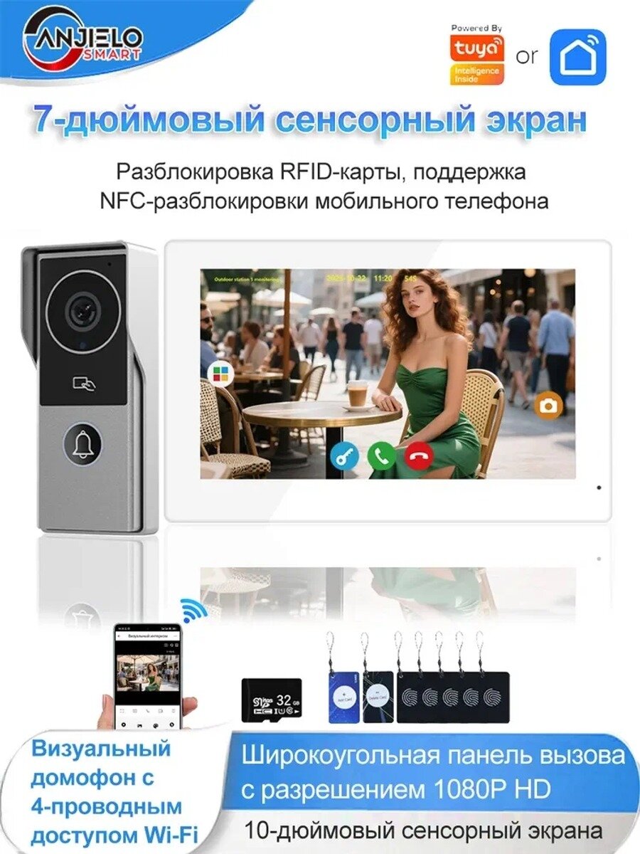 Видеодомофон 4-проводной с сенсорным экраном 7"/10.1", Wi-Fi, NFC, ИК-подсветкой, поддержкой Tuya Smart