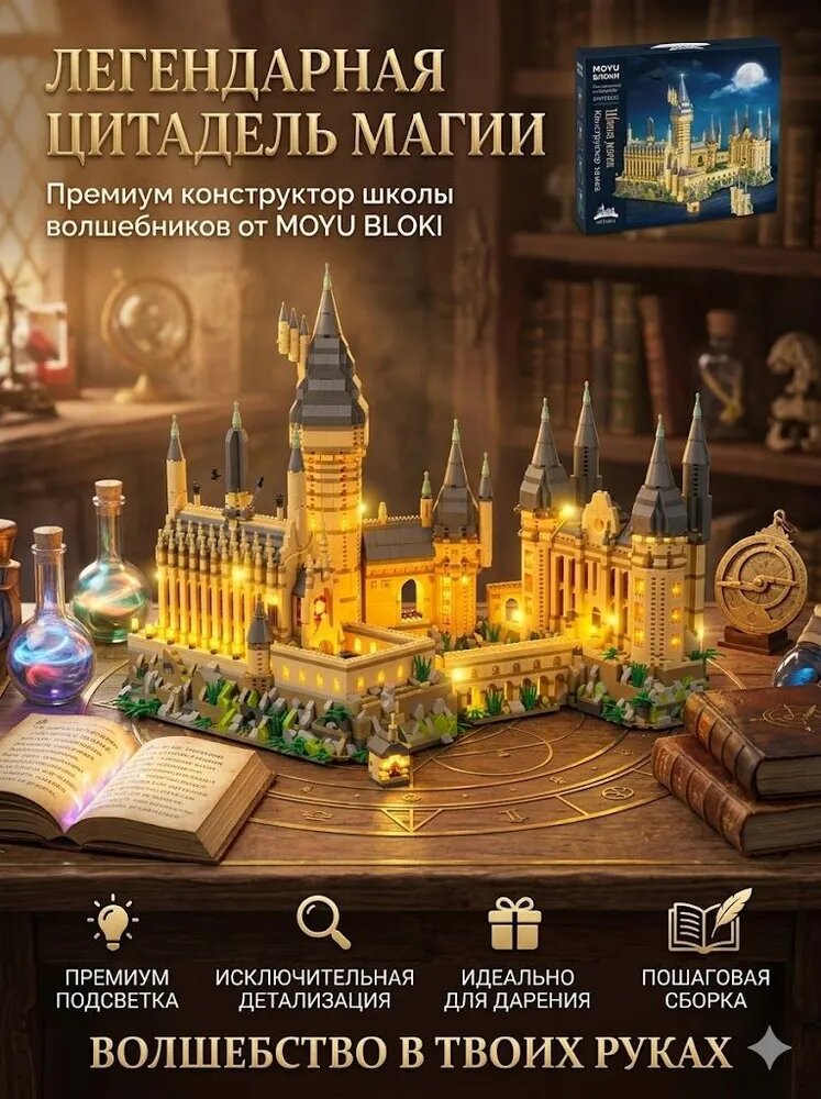 Конструктор "Школа Волшебства и Чародейства", Замок магии с LED-подсветкой, MOYU блоки, архитектура и магия