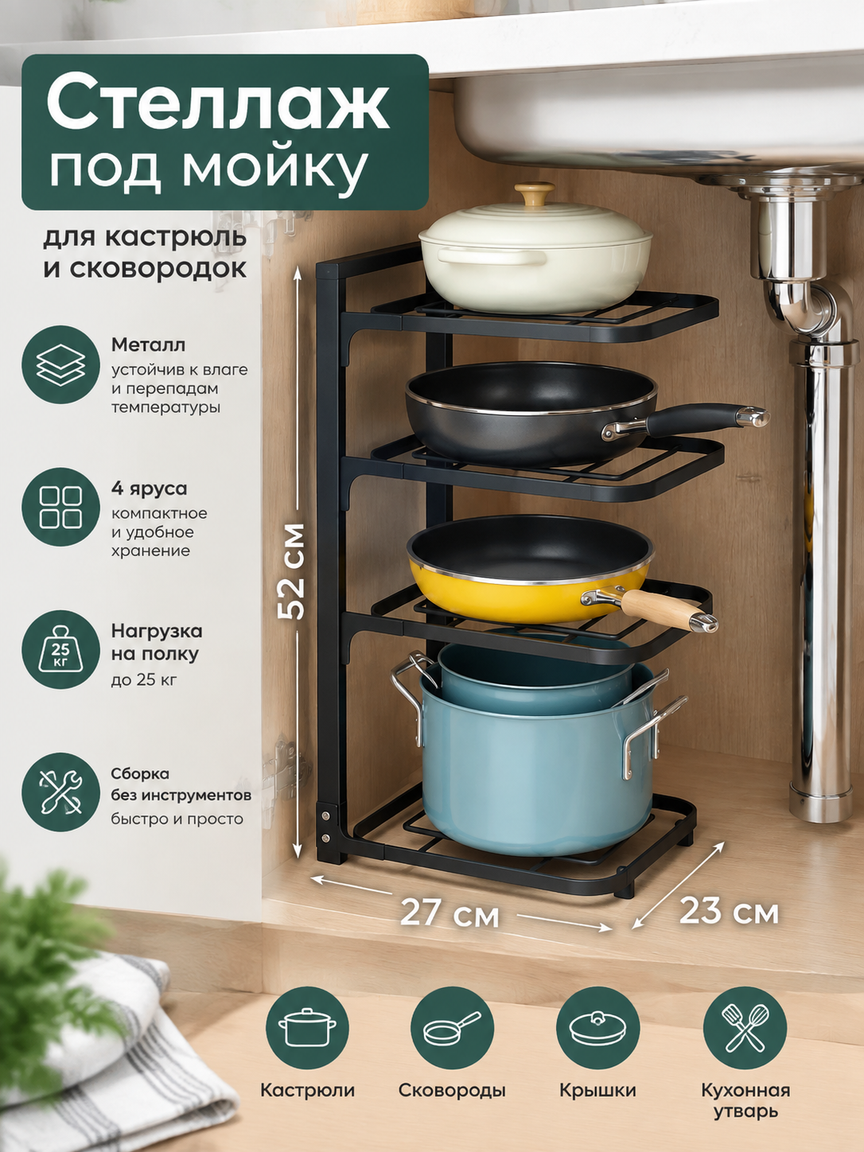 Стеллаж под мойку для кастрюль и сковородок, металлическая подставка на 4 полки, 23x27x52 см