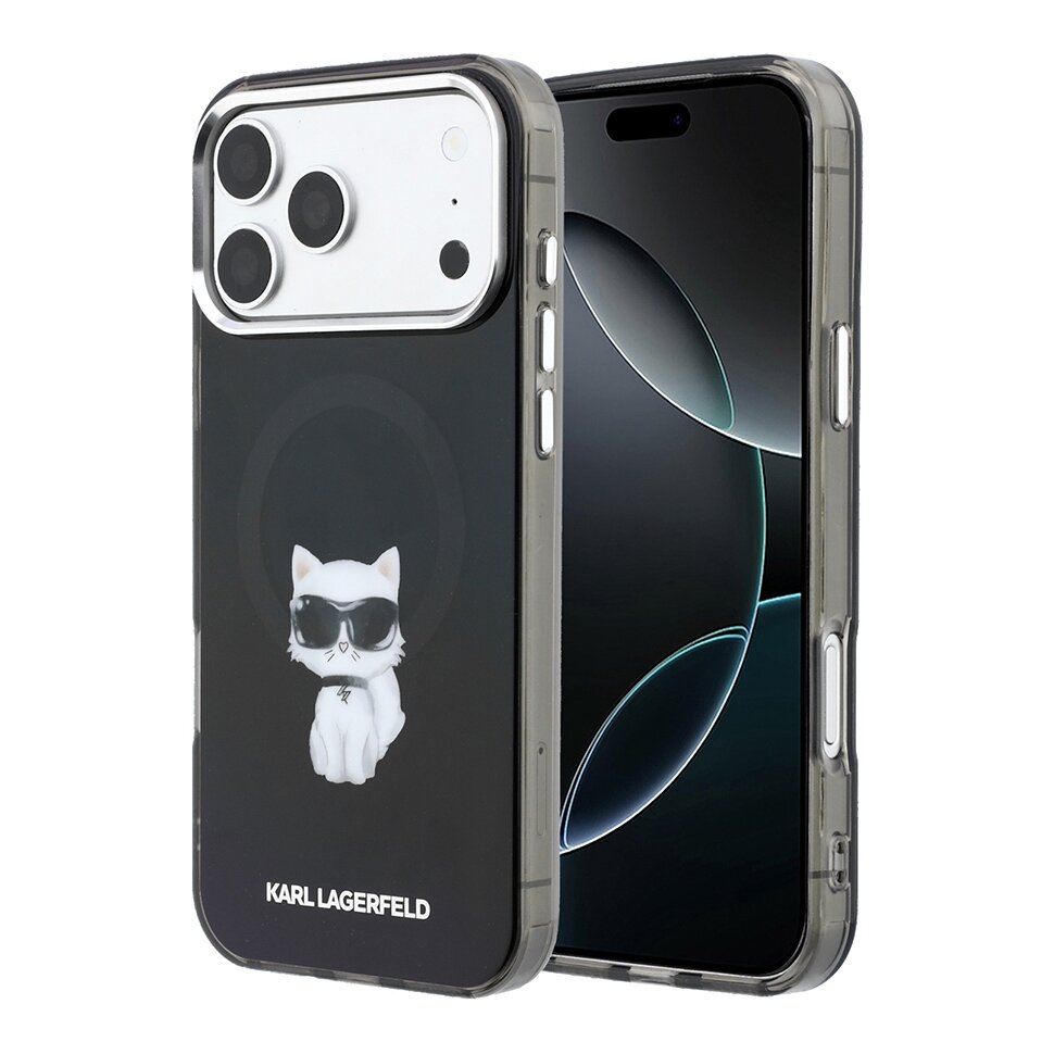 Karl Lagerfeld чехол с MagSafe для iPhone 17 Pro Max, IML Aquarelle Choupette Front Metal camera, черный