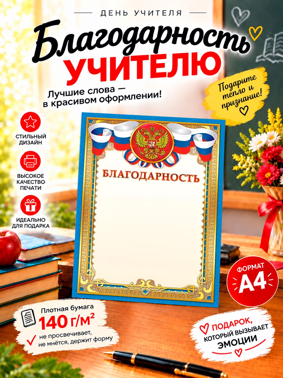 Благодарность ко Дню учителя, А4, 140 г/м , 1 шт.