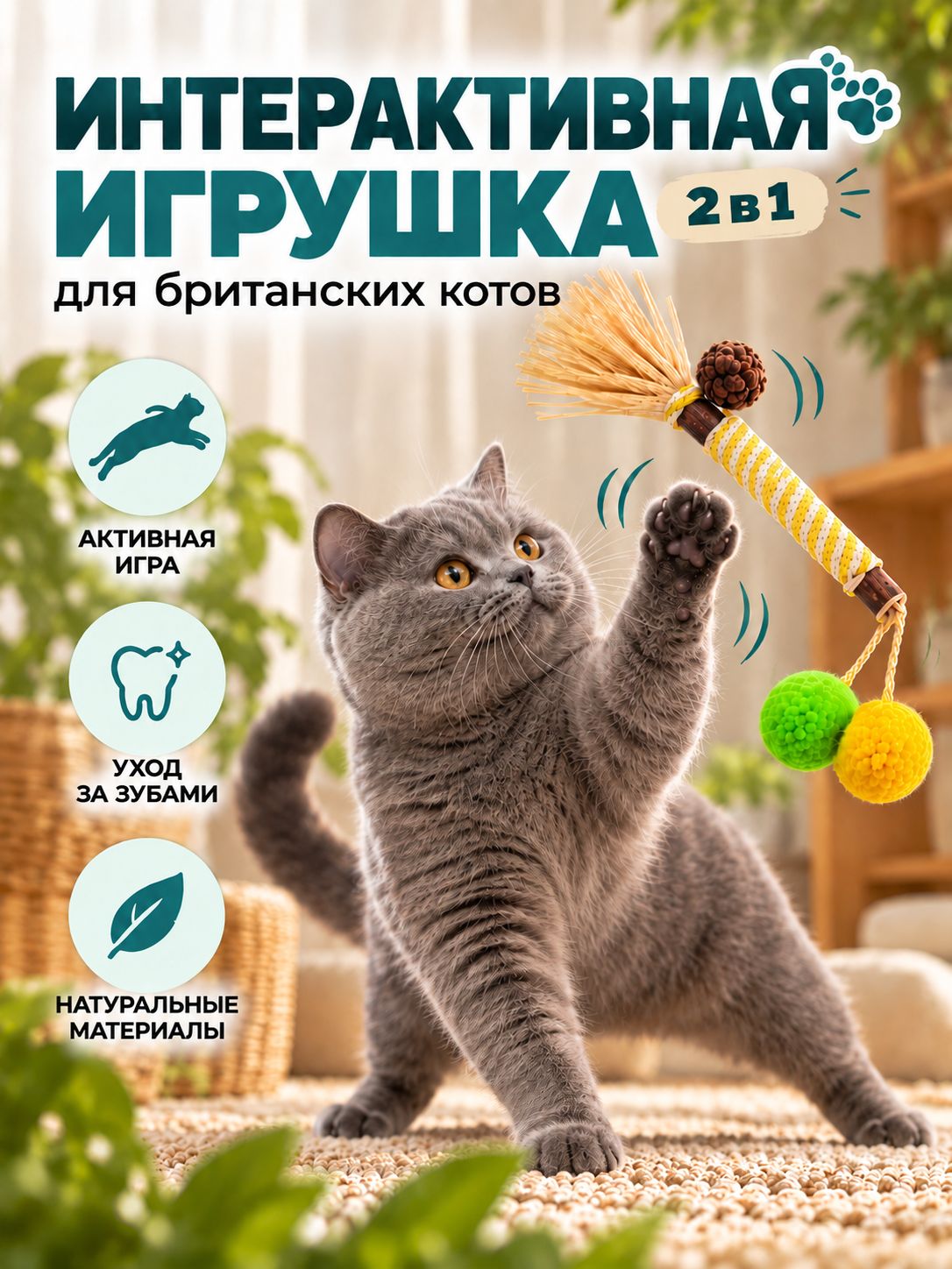 Игрушка для британской кошки с кошачьей мятой, жёлтая палочка с шариками