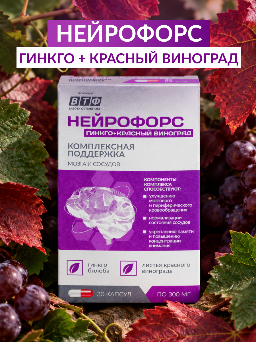 PLANTCOMPLEX нейрофорс Гинкго билоба + Красный виноград. Для улучшения состояния сосудов и работы мозга, памяти.