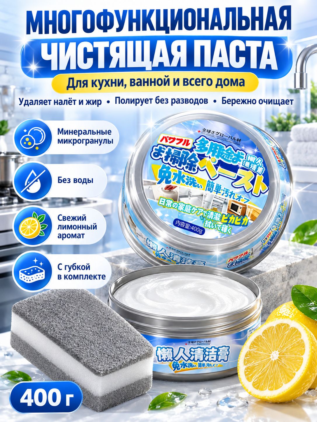 Чистящая паста для кухни, ванной, стекла и керамики, от жира и известкового налёта, 400 г