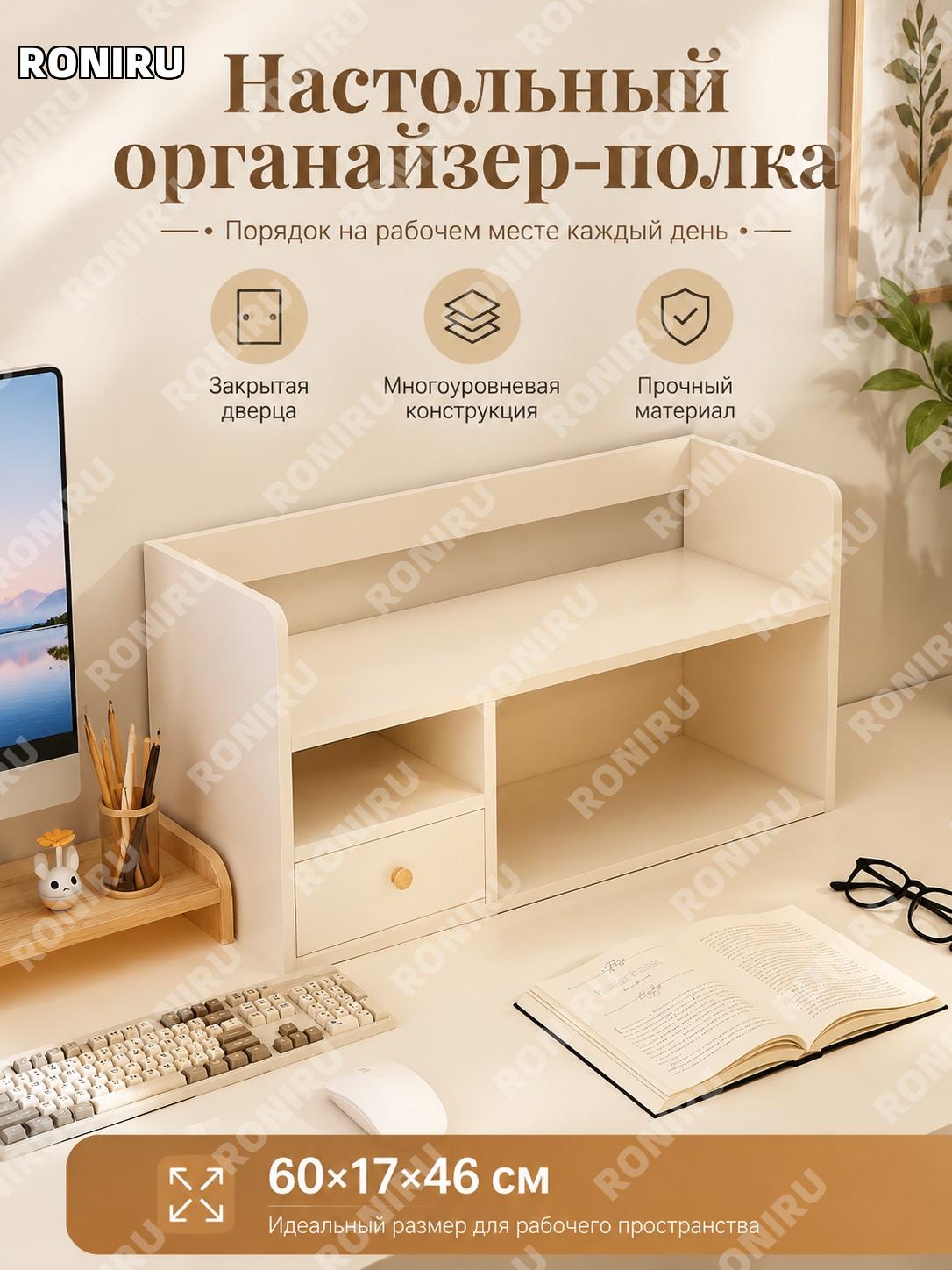 Настольный стеллаж с дверцей, полка-органайзер для стола 60×17×46 см, однодверный шкафчик тёплый белый из плиты