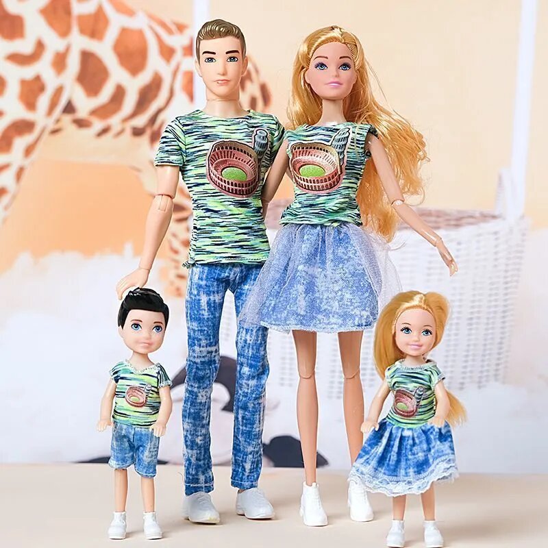 Кукла семья из 4 человек Barbie Азур для ролевых игр, зеленый, лазурный