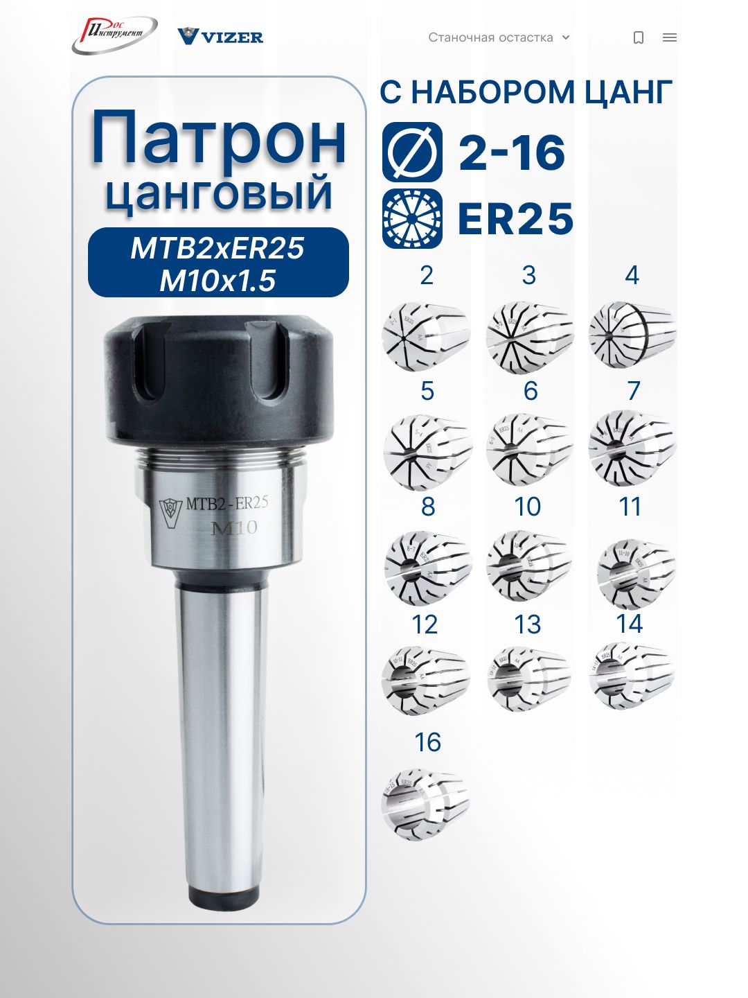 Патрон цанговый MTB2хER25 М10х1.5 c набором цанг 13шт (2-16) DIN228 // VIZER