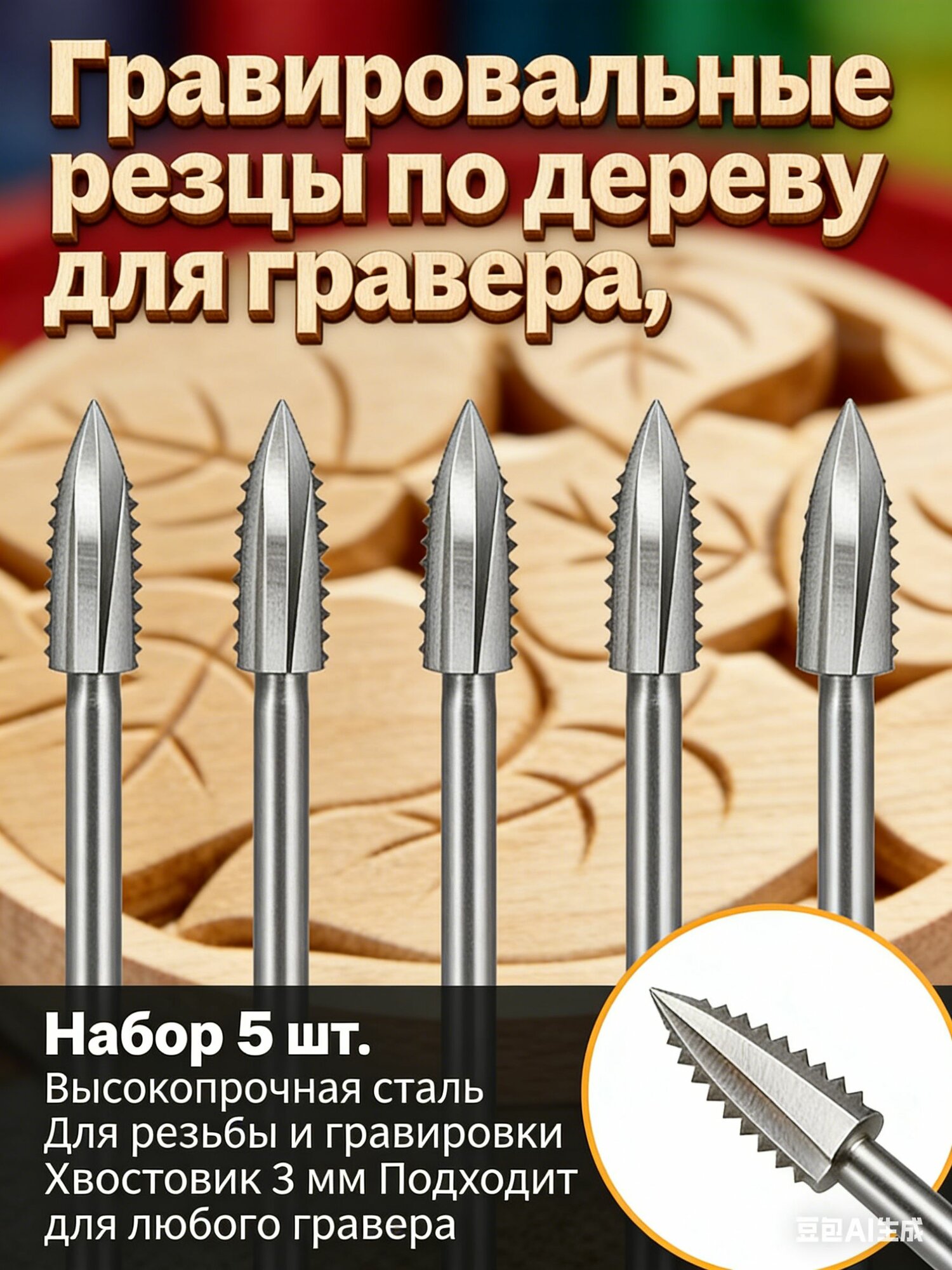 Гравировальные резцы по дереву для гравера, бормашины. Набор фрез по дереву