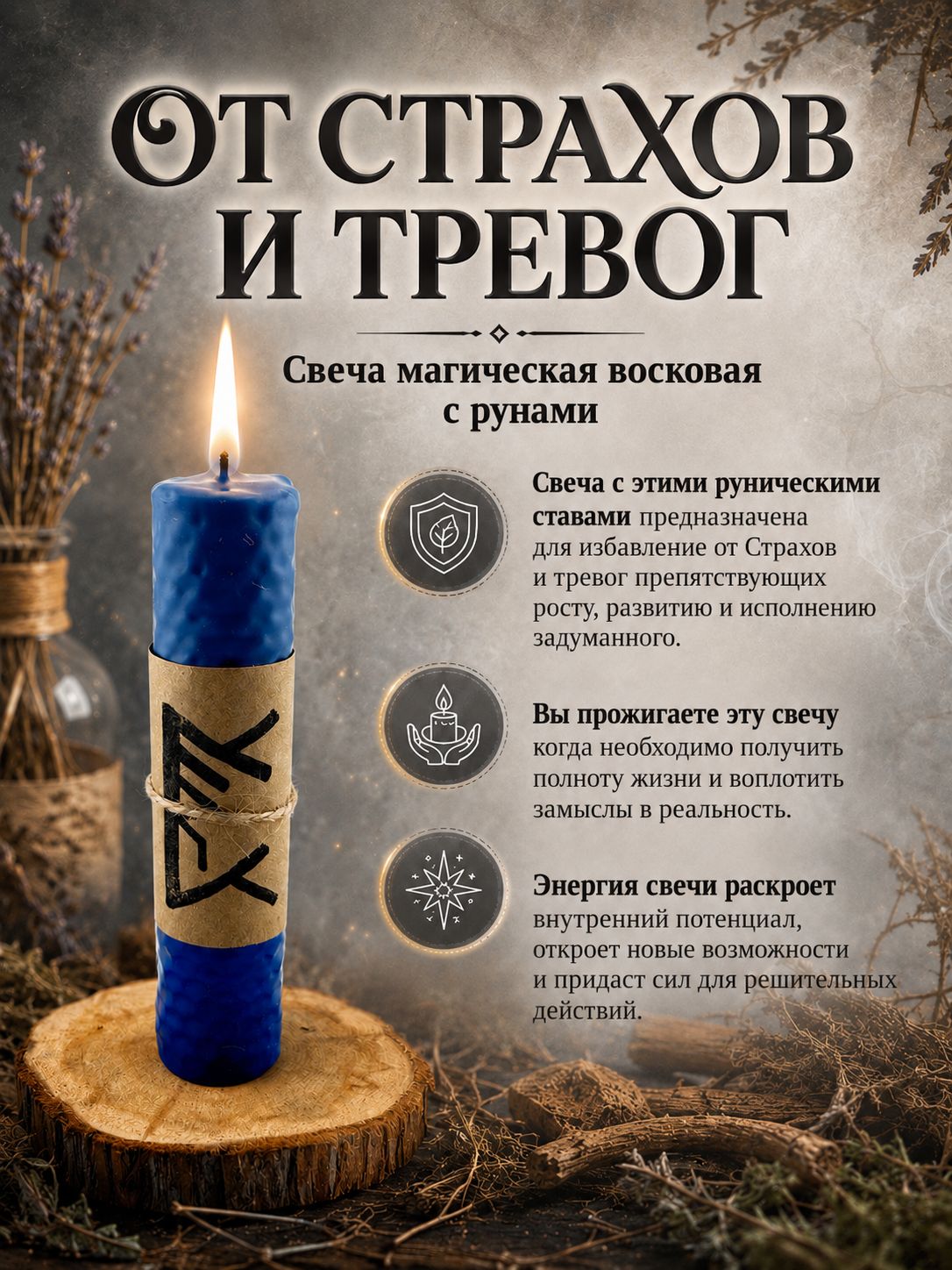 Магическая ритуальная свеча от страхов И тревог авторская свеча ручной работы с рунами из натурального пчелиного воска