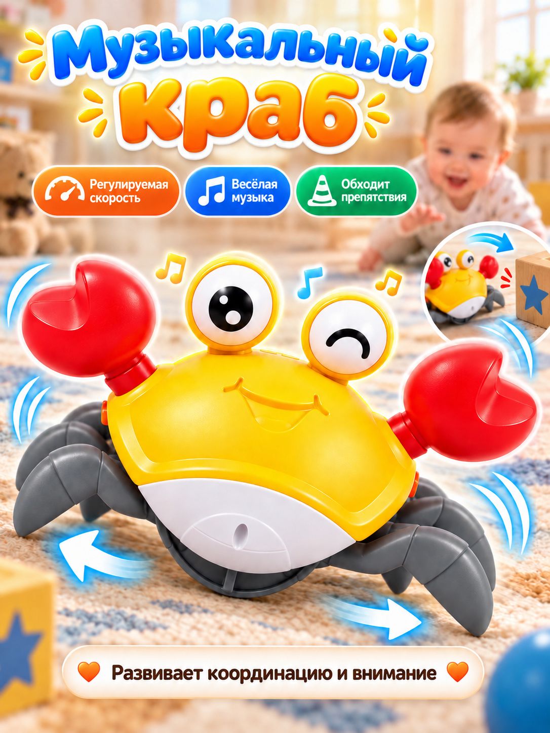 Интерактивная музыкальная игрушка краб робот для малышей, бегающий краб с движением и звуковыми эффектами, USB зарядка