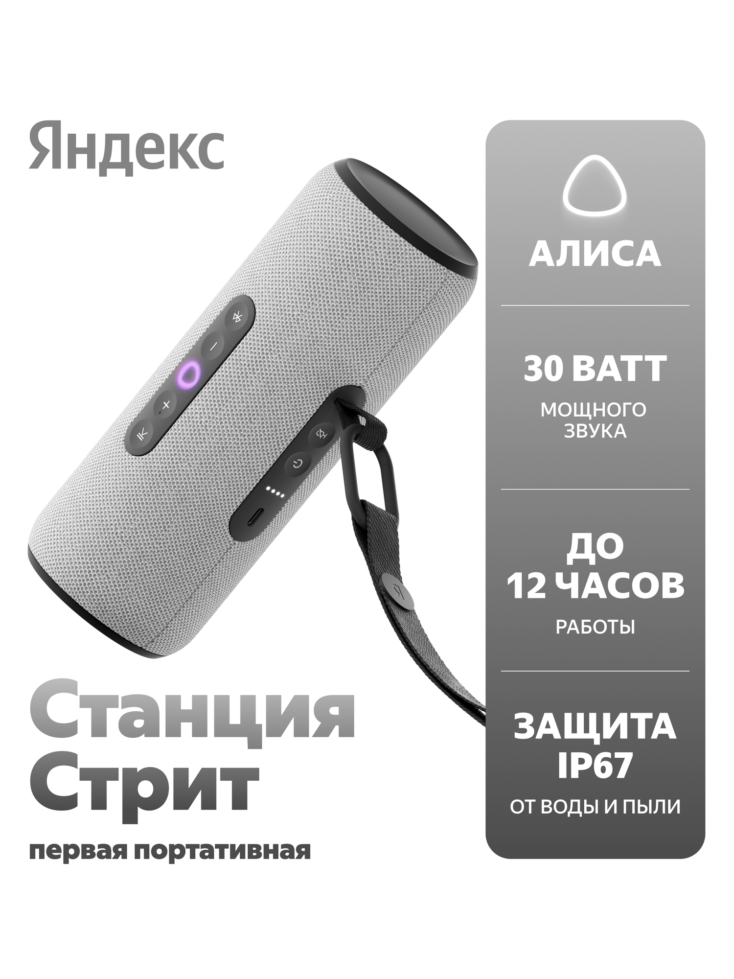 Портативная умная колонка Яндекс Станция Стрит с Алисой, 30 Вт, YNDX-00030GRY , серый