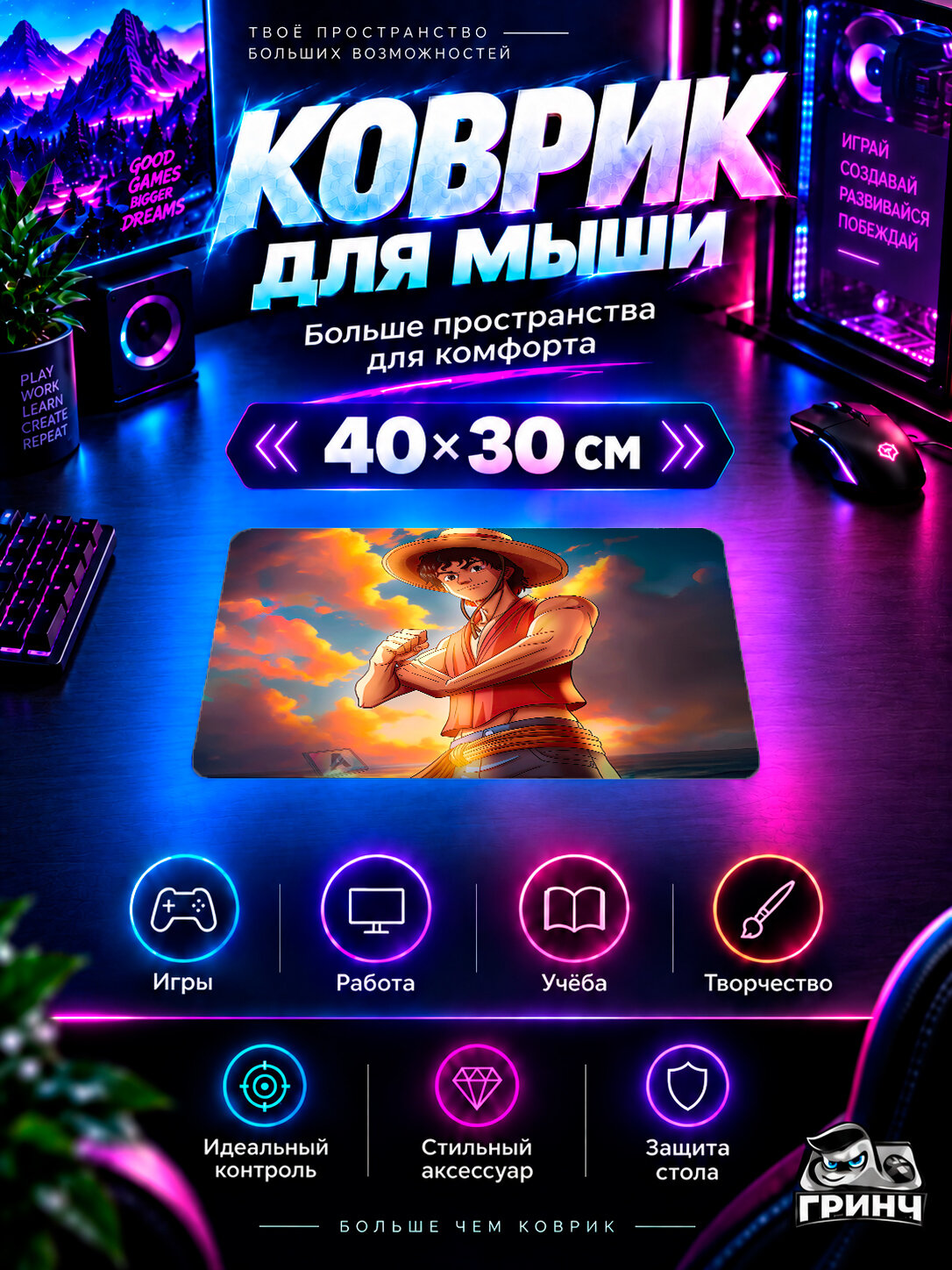 Игровой коврик для мыши 40×30 см — One Piece / Ван-Пис — Monkey D Luffy Reloaded