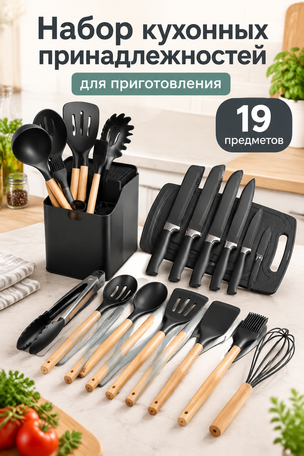 Набор кухонных принадлежностей для приготовления, 19 предметов, черный