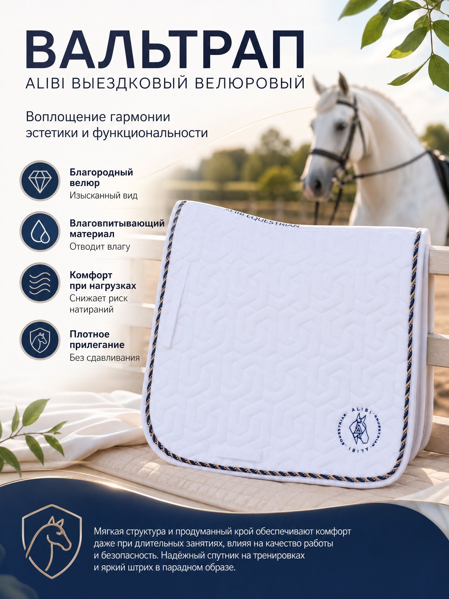 Вальтрап ALIBI выездковый велюровый (Белый/Сине-золотой кант)