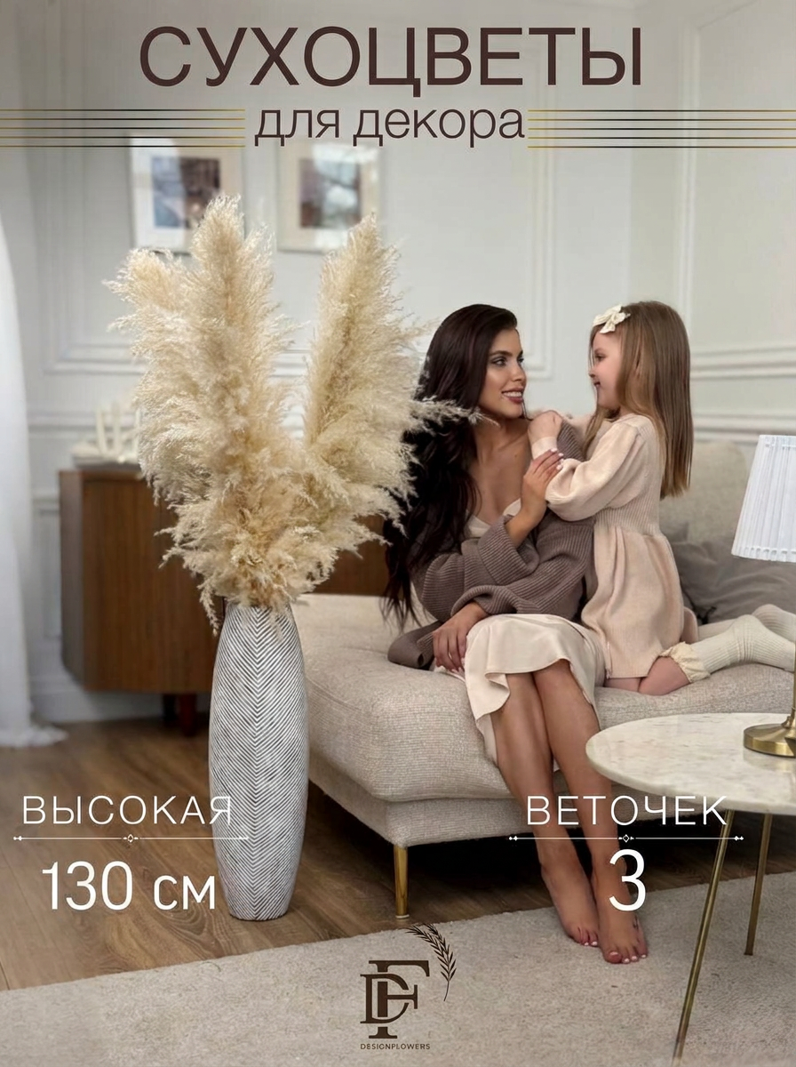 Пампасная трава DesignFlowers, сухоцветы длядекора, кортадерия 3 шт, 130 см