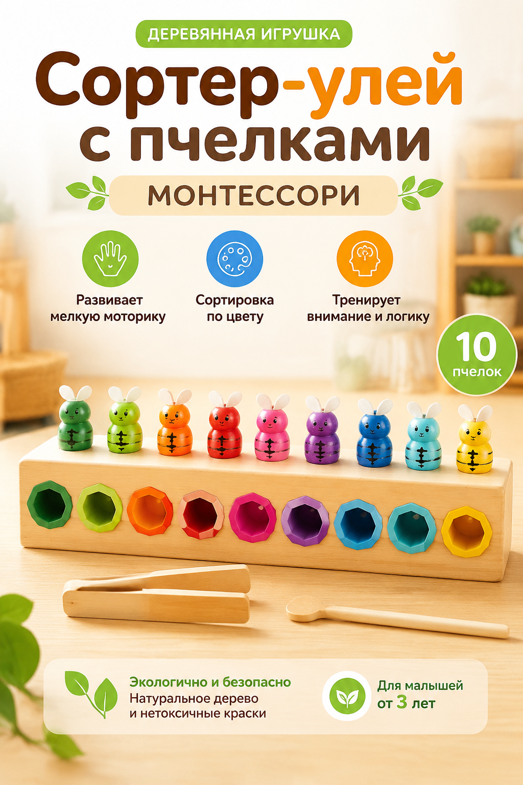 Сортер-улей с пчелками из дерева, Монтессори игрушка для малышей, сортировка по цвету, развитие мелкой моторики, 10 пчелок