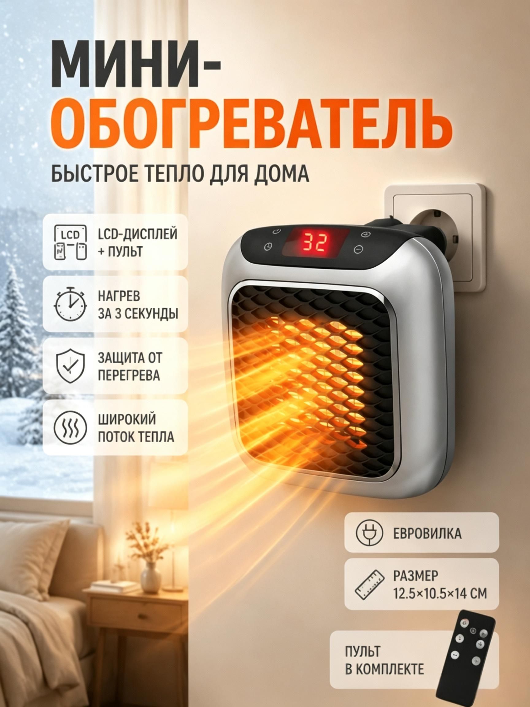 Портативный инфракрасный обогреватель с терморегулятором для дома и офиса, Обогреватель настенный в розетку, тепловентилятор портативный с пультом