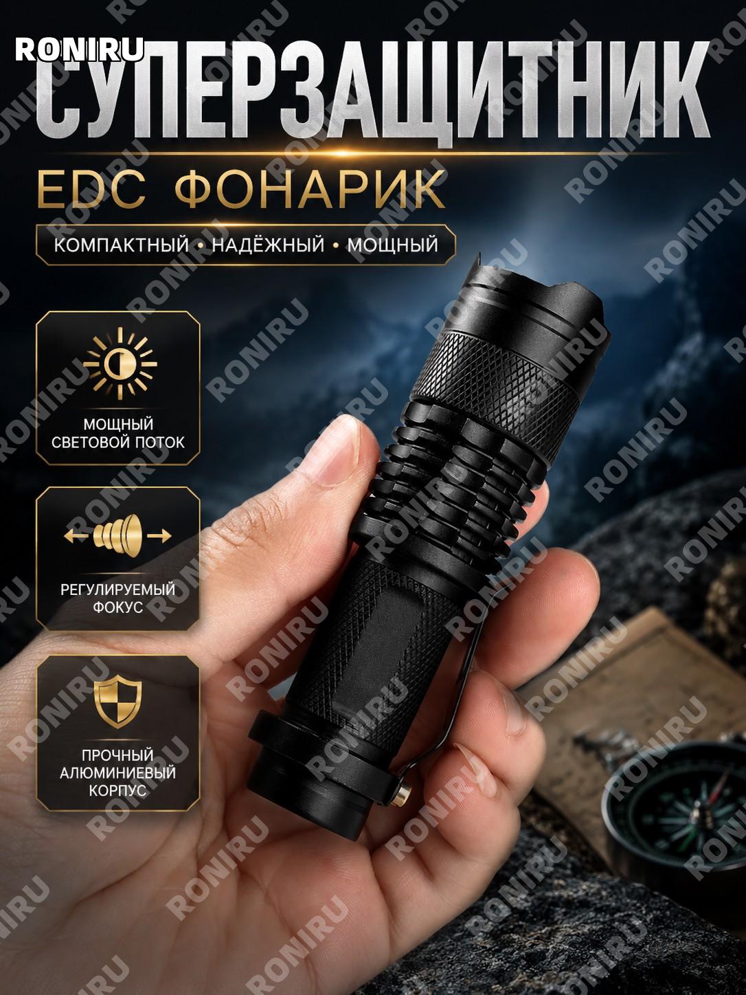 Фонарь CREEQ5 EDC мини с зумом и телескопической регулировкой фокуса черный алюминиевый сплав для защиты и быта