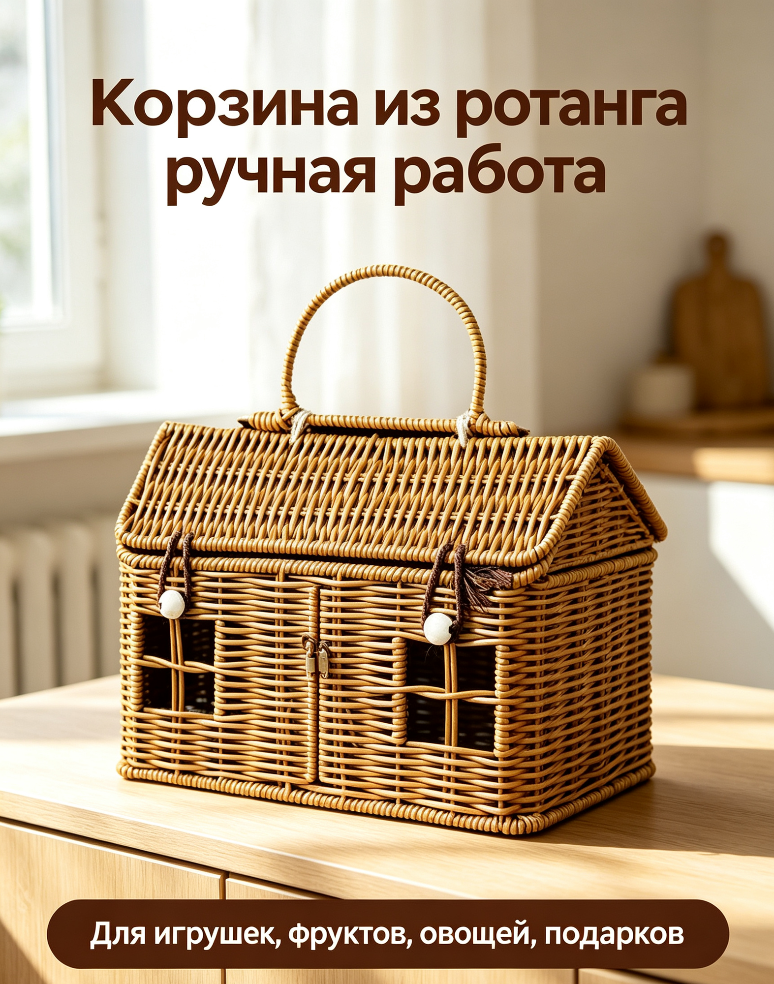 Корзина из ротанга, ручная работа, для игрушек, фруктов, овощей, подарков, пикника, путешествий