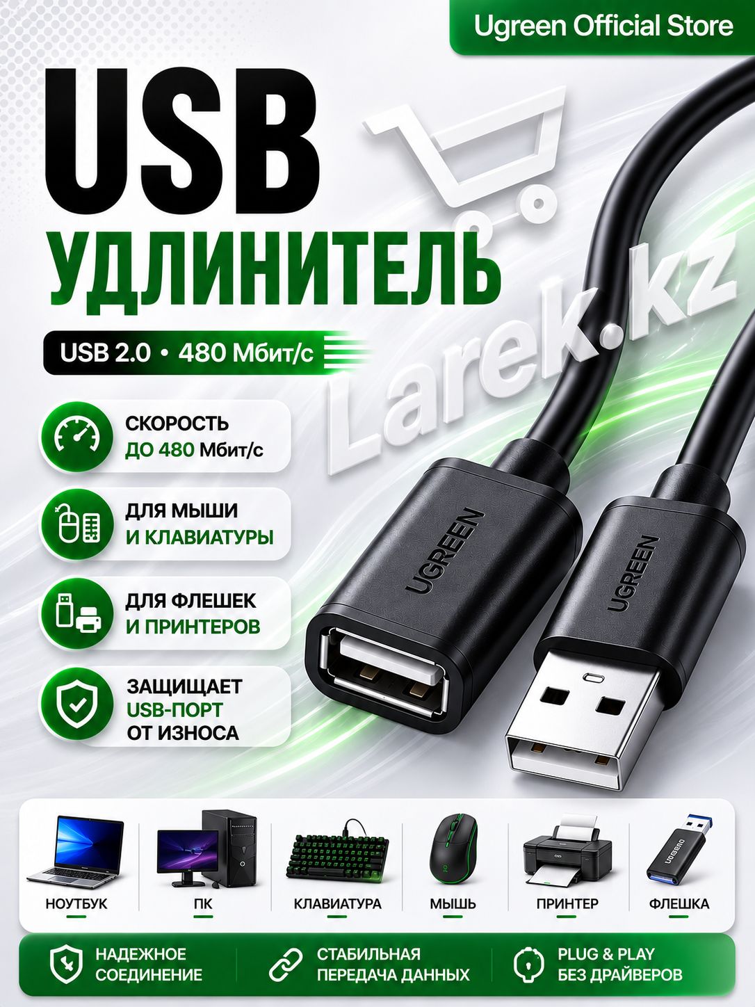 Удлинитель USB 2.0 UGREEN US103 (10316) 2 м, кабель USB-A папа-мама, 480 Mbps, USB удлинитель для ПК и периферии