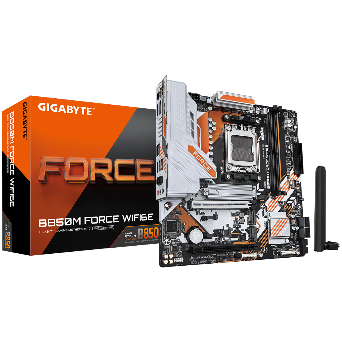 Материнская плата Gigabyte B850M FORCE WIFI6E, Socket AM5, AMD B850, 2xDDR5-5200, HDMI+DP, 2xPCI-Ex16, 4xSATA3(RAID 0/1/10), 3xM.2, 8 Ch Audio, 1x2,5GLan, WIFI, (2+4)xUSB2.0, (3+2)xUSB3.2, (1+1)xUSB Type-C™, 1xPS/2, mATX, RTL