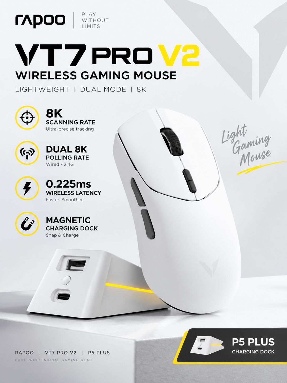 Мышь беспроводная игровая Rapoo VT7s Pro V2 с P5 PLUS, PAW3955 Ultimate, 8K Гц, 60000 DPI, 52 г