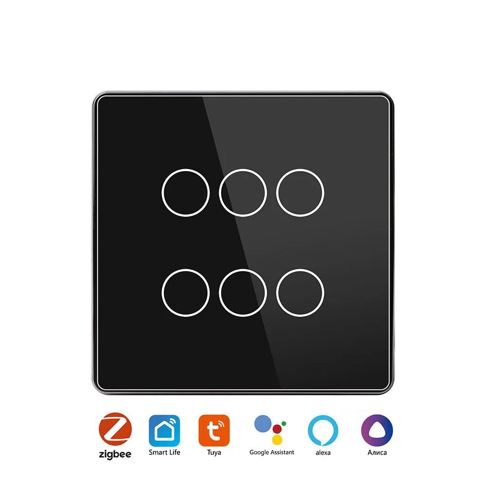 Беспроводной выключатель 6 клавиш MVAVA ZigBee, сенсорный, умный, с Алисой, для умного дома и сценариев, чёрный