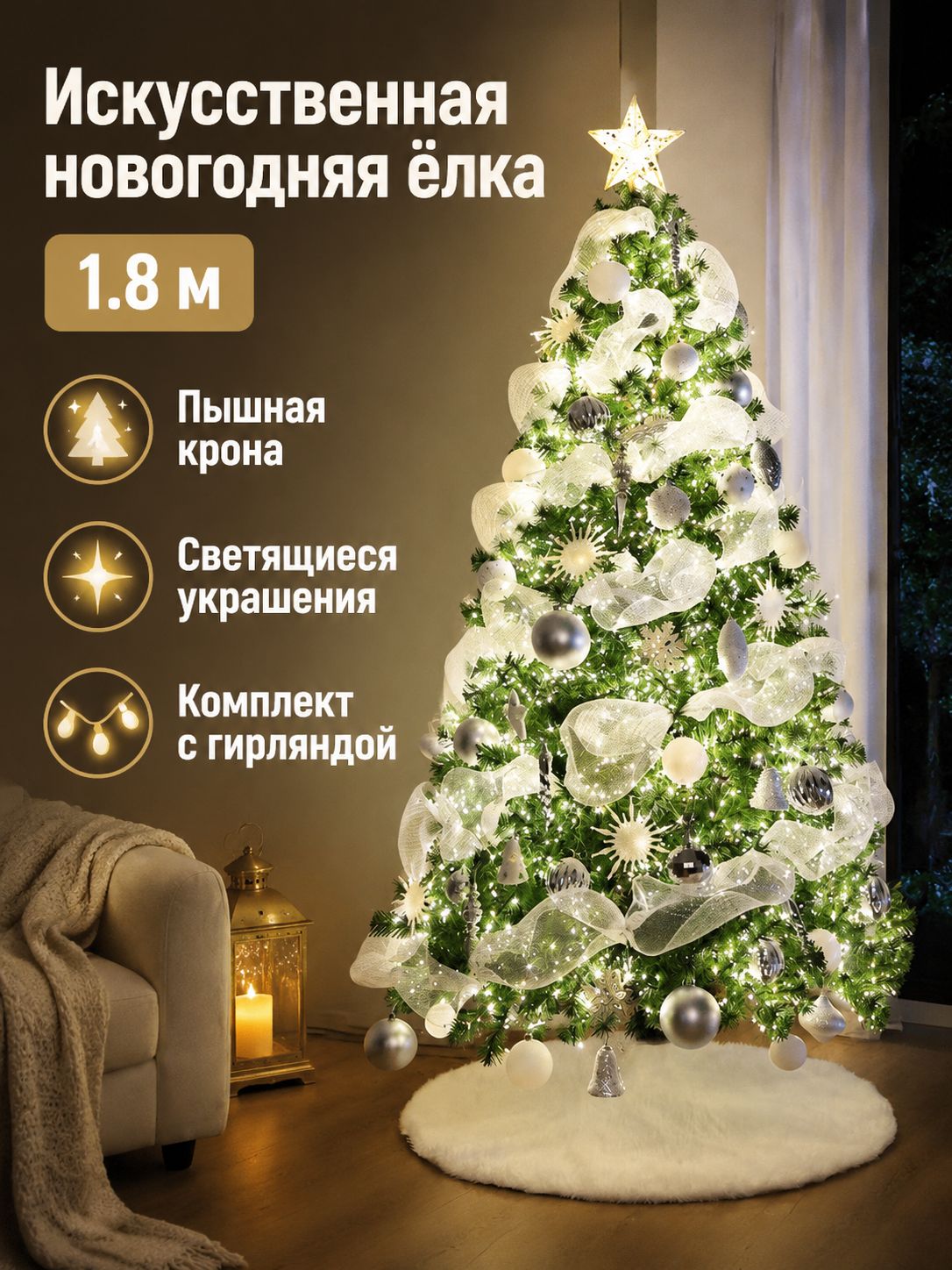 Елка искусственная 179 см двухслойная оптоволокно напольная