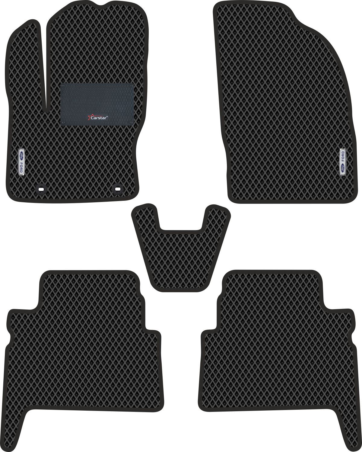 Автомобильные коврики EVA для Ford C-Max I (2003-2010), с каучуковым подпятником и 2 эмблемами Ford, чёрные с чёрным кантом, ячейка - ромб