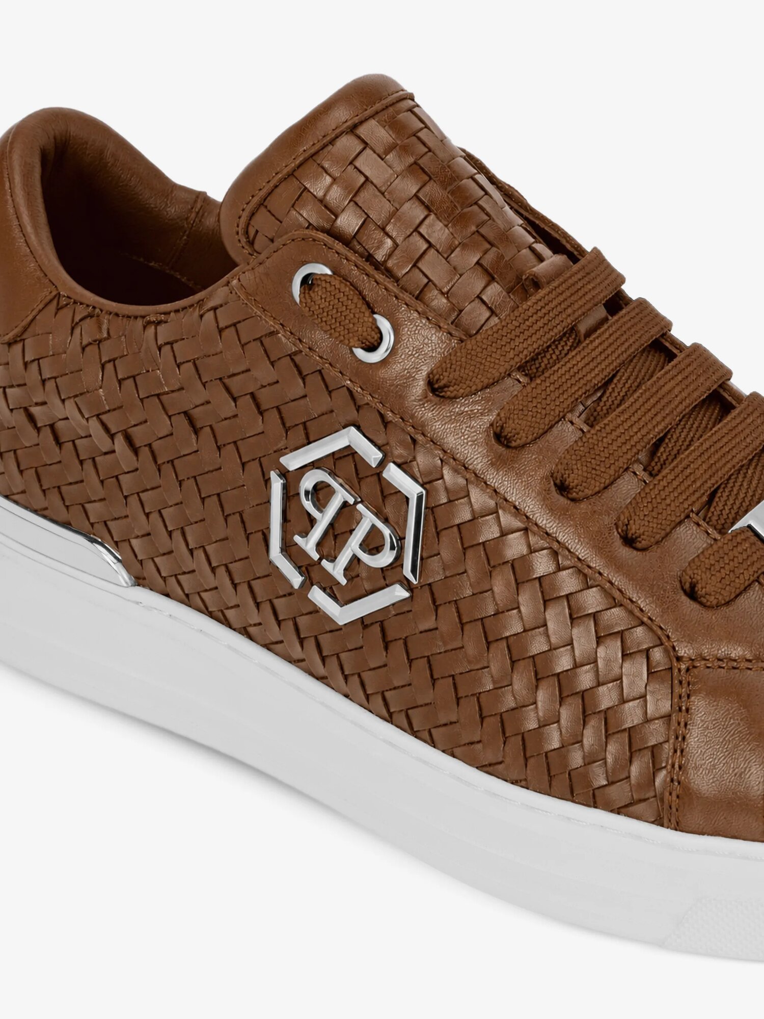 Кроссовки PHILIPP PLEIN Weaved leather sneakers hexagon, размер 38, коричневый — фото 1