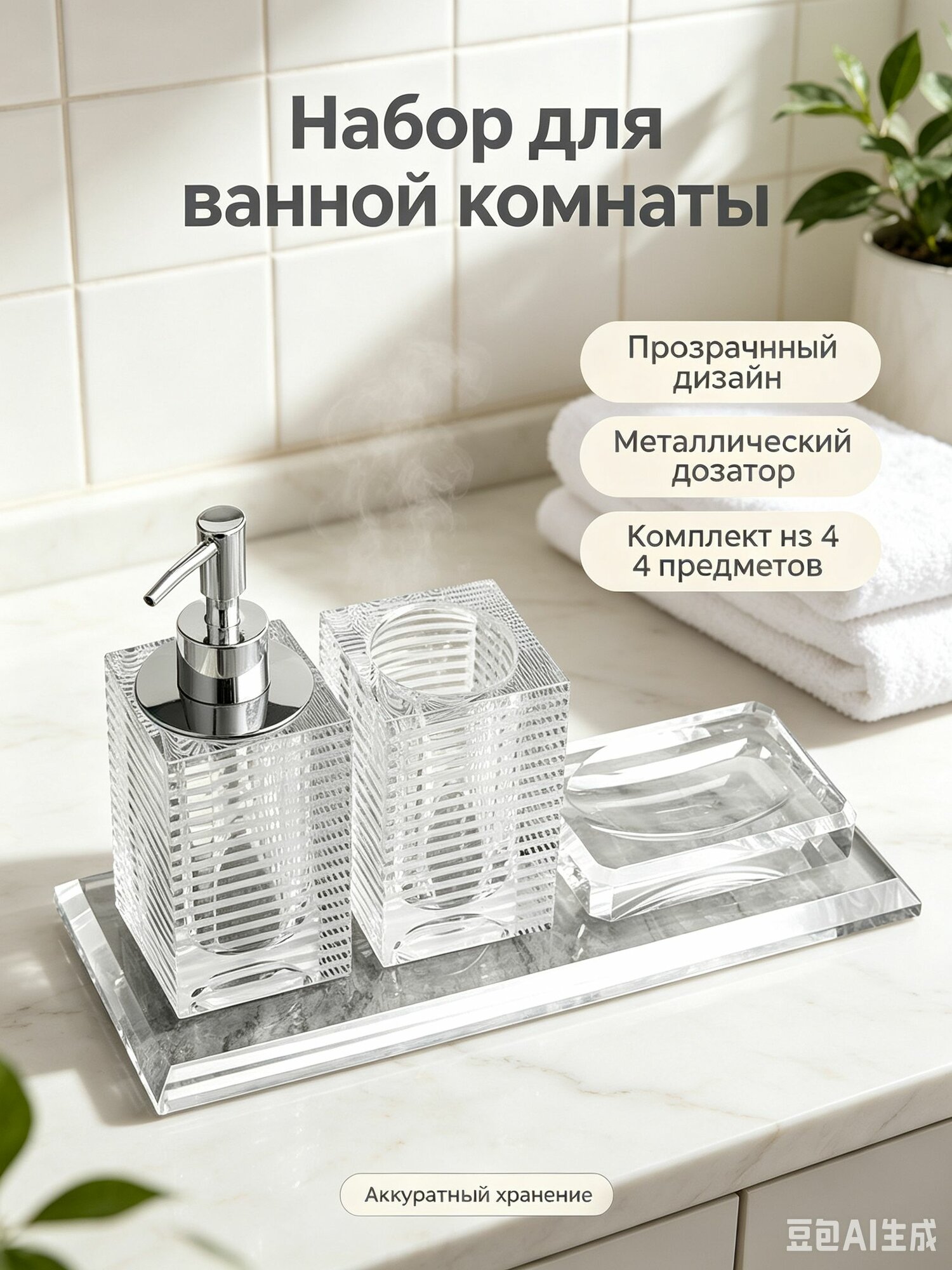 Набор для ванной комнаты 1 предм. белый полосатый костюм, штора со стеклянными элементами, одна упаковка