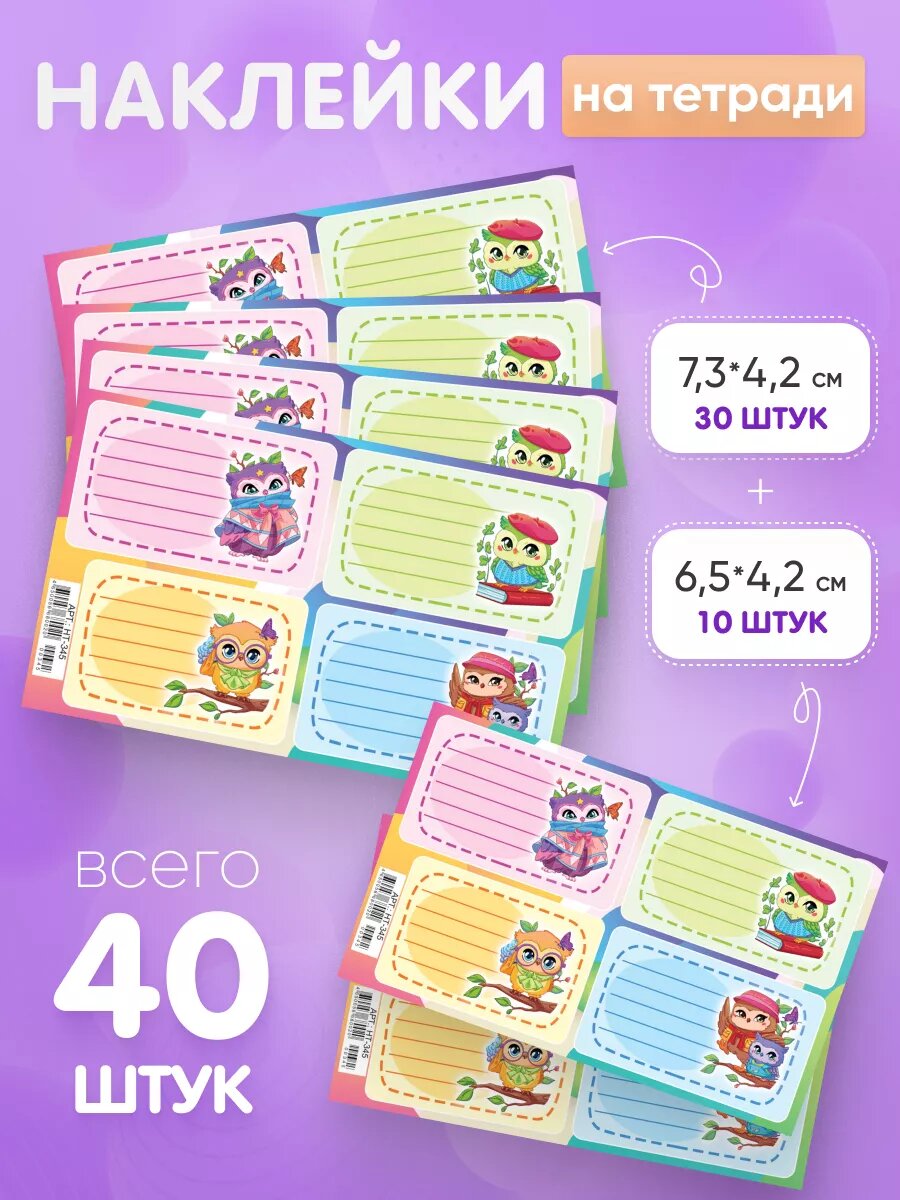 Наклейки для подписи тетрадей цветные 40шт