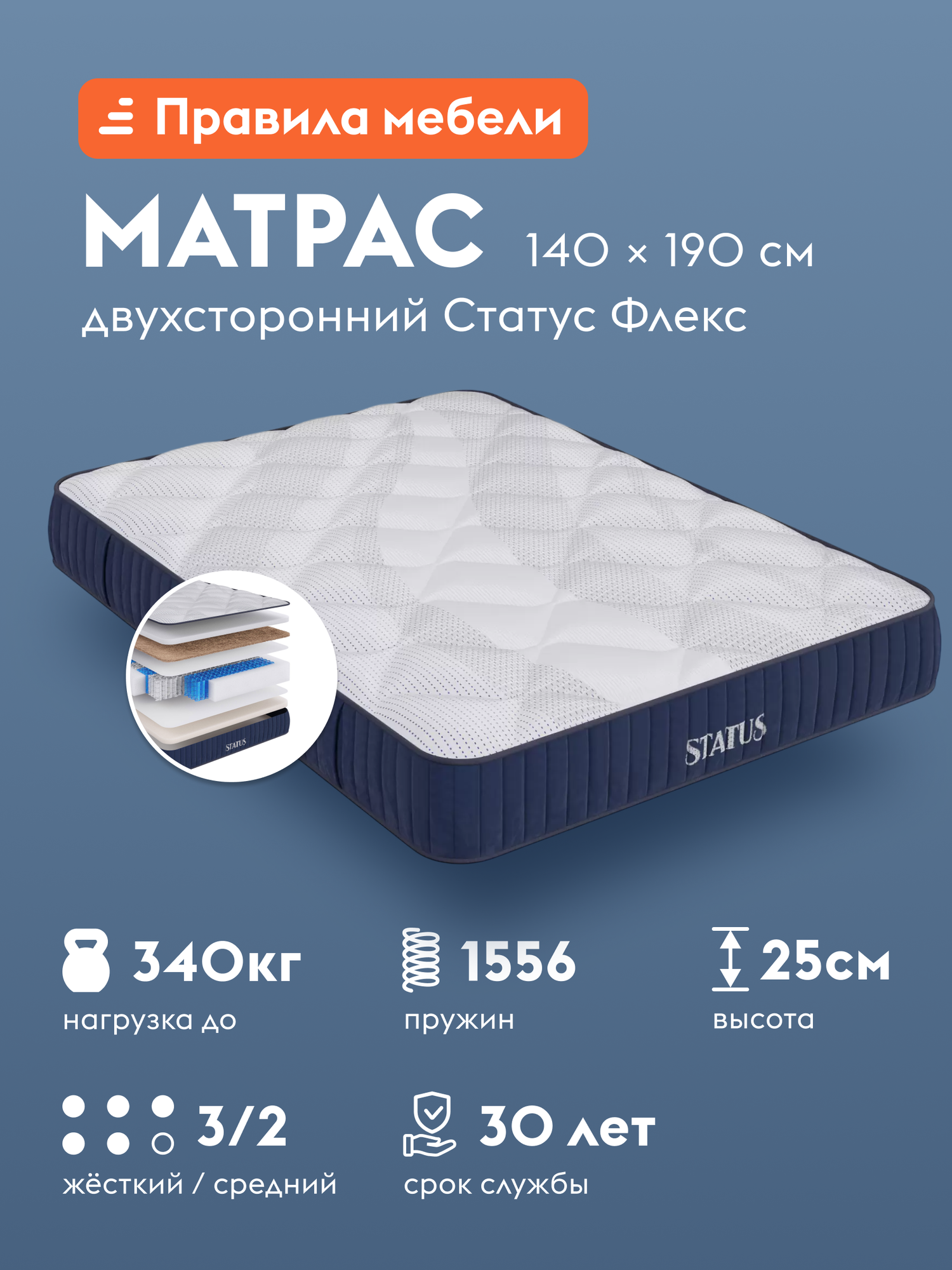 Матрас Статус Флекс 140х190 см, ортопедический, независимые пружины, двусторонний, жесткий, средний, Белый