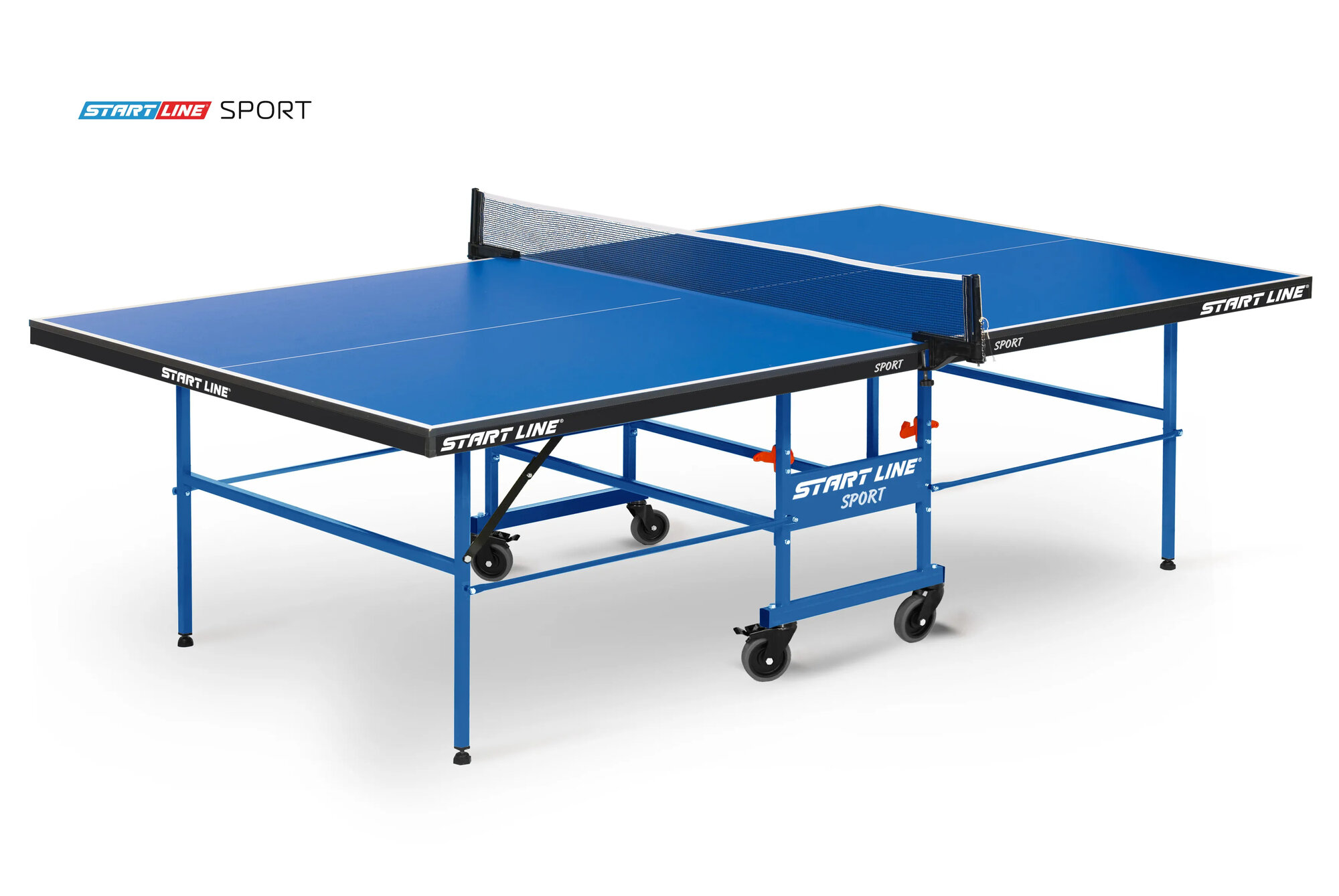 Складной теннисный стол Start Line Sport для помещений, ЛДСП 18 мм, 274 × 152,5 × 76 см, одиночная игра PLAYBACK, регулируемые опоры, ролики с тормозом, синий с серым, без сетки