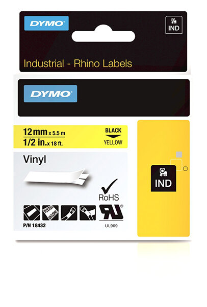 Виниловая лента Dymo Rhino [18432/S0718450] (черный на желтом, 12 мм, длина 5.5 м)