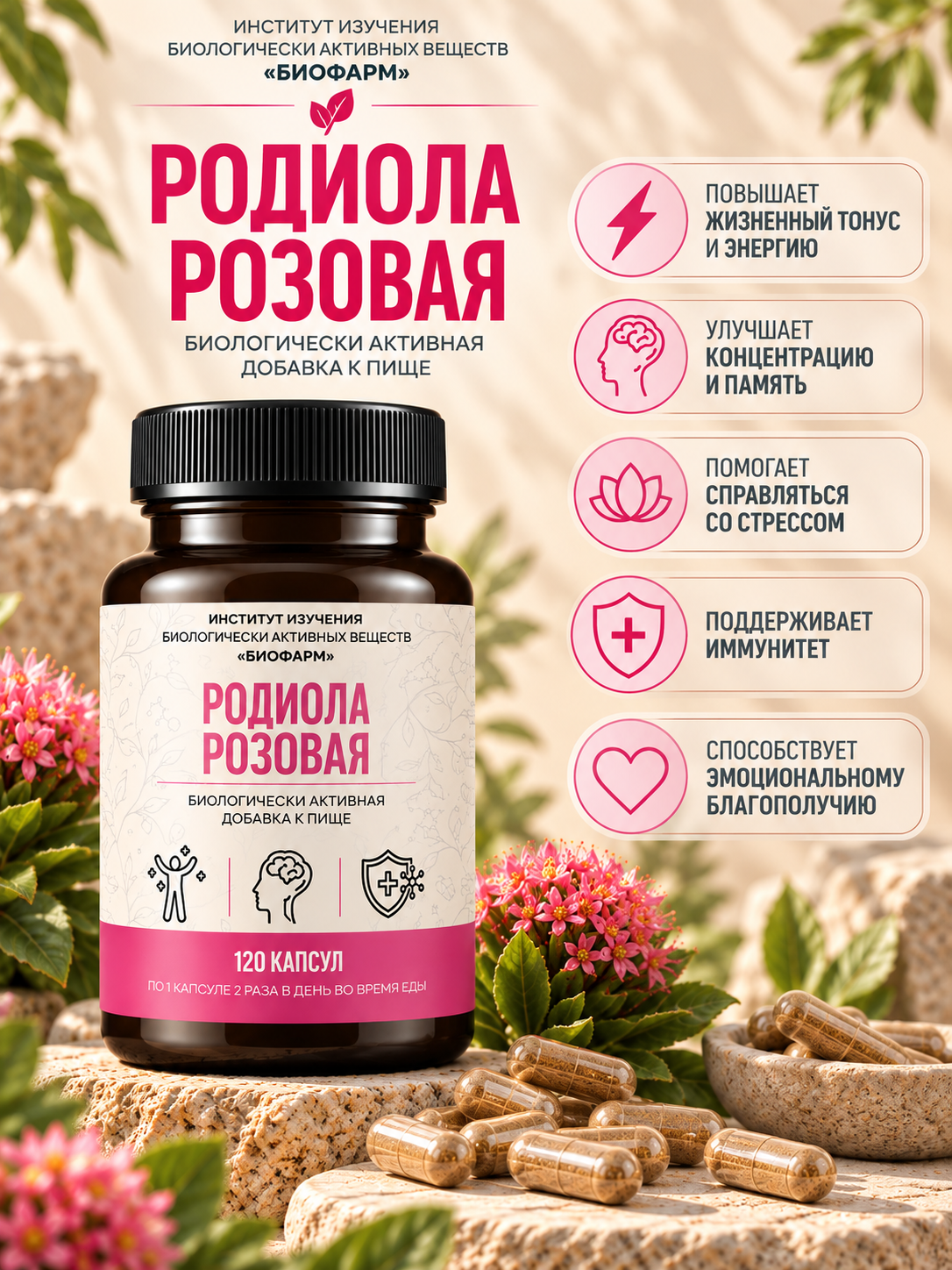 БАД "Родиола Розовая" от Институт Изучения БАВ Биофарм, укрепляет иммунитет, 120 капсул — фото 1