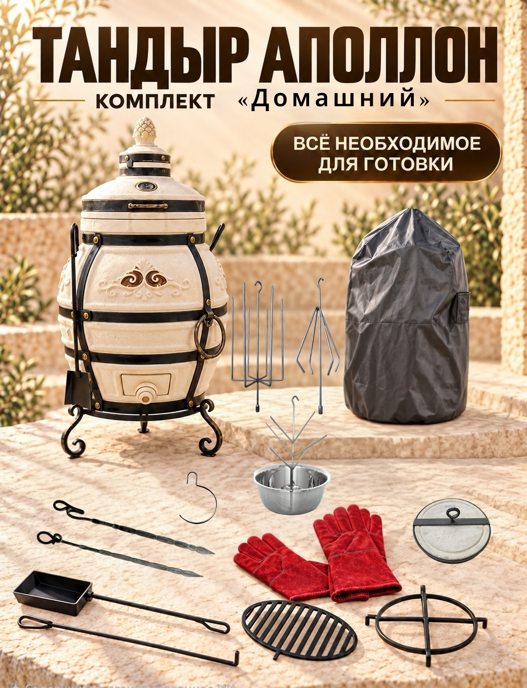 Аполлон с откидной крышкой - набор "Домашний" - тандыр для дачи средний с термометром - 50л, Технокерамика.