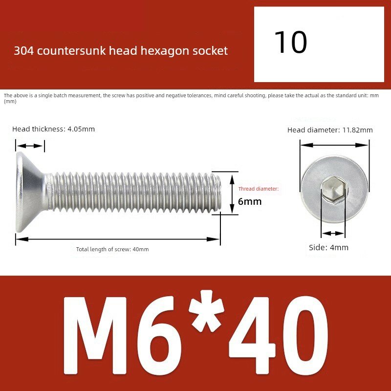 304 Нержавеющая сталь, плоская головка, потайная головка, шестигранная головка, винт М6 х 40 мм, 10 шт