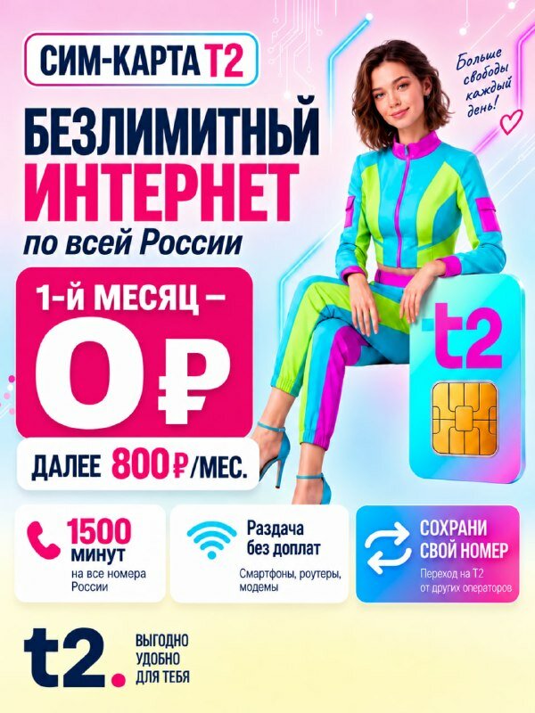 Сим-карта Теле2 Партнёр L | Безлимит + 1500 мин | Для роутера и камеры | Перенос номера бесплатно