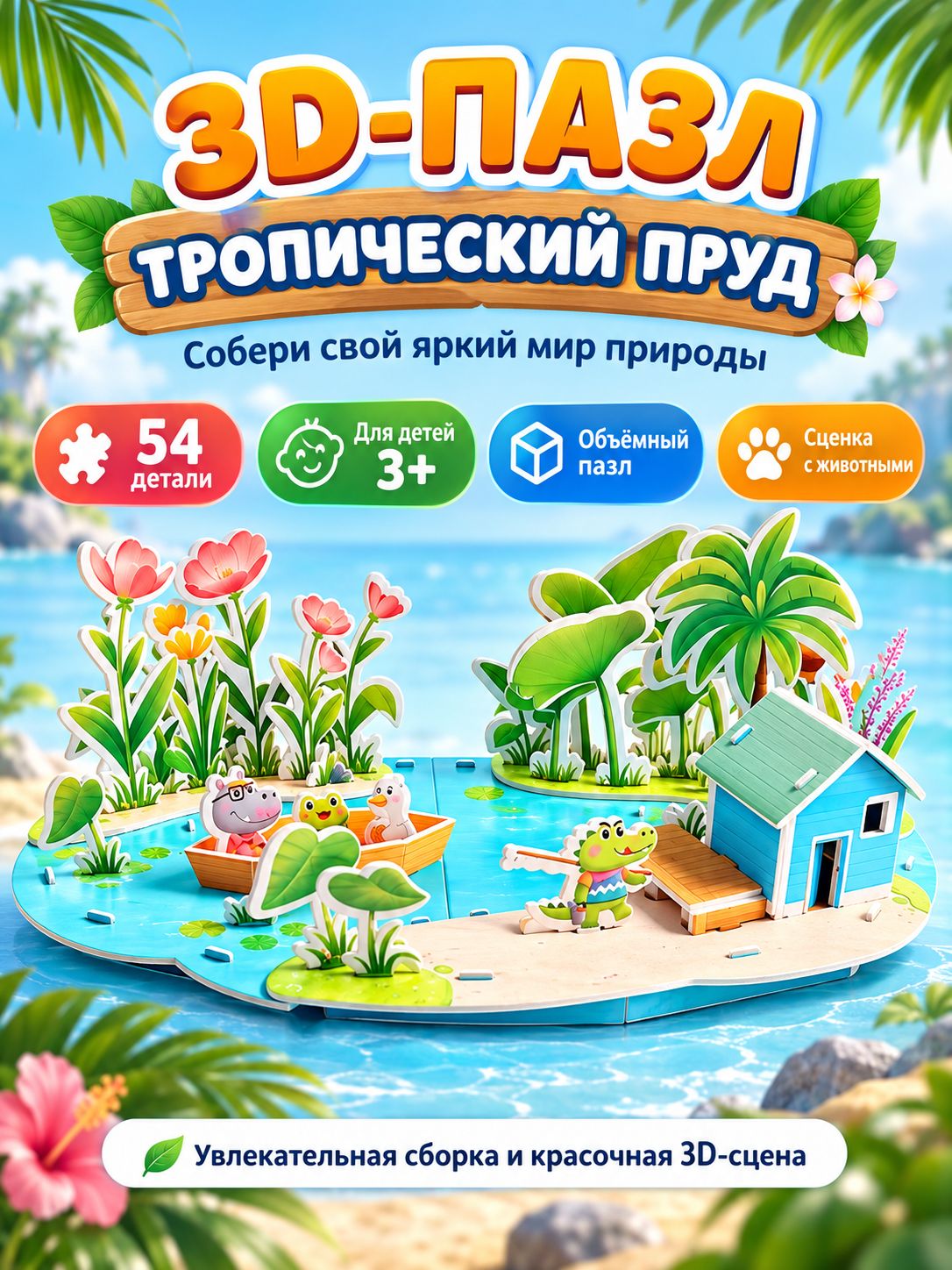 3D-пазл детский Тропический пруд, объёмный картонный конструктор без клея, набор для творчества и сборки, 54 детали,