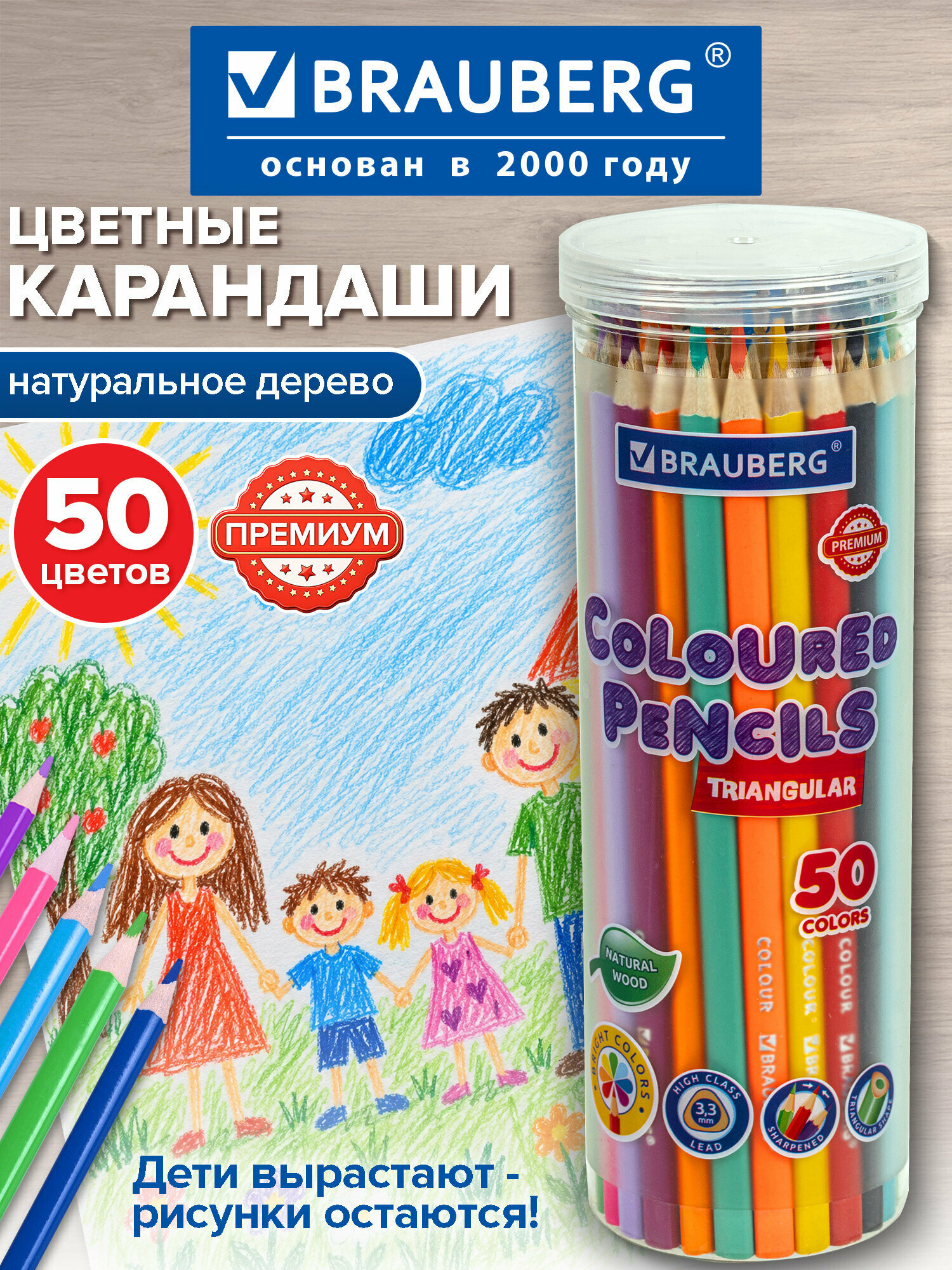 Карандаши цветные художественные для рисования BRAUBERG PREMIUM 50 цветов в тубе, трехгранные, мягкий грифель 3,3мм, натуральное дерево, 181935