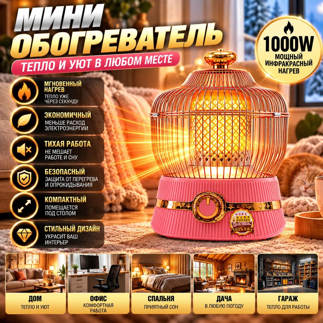 Инфракрасный обогреватель Птичья клетка компактный, Цвет светло-розовый, Размер 250x250x310 миллиметров