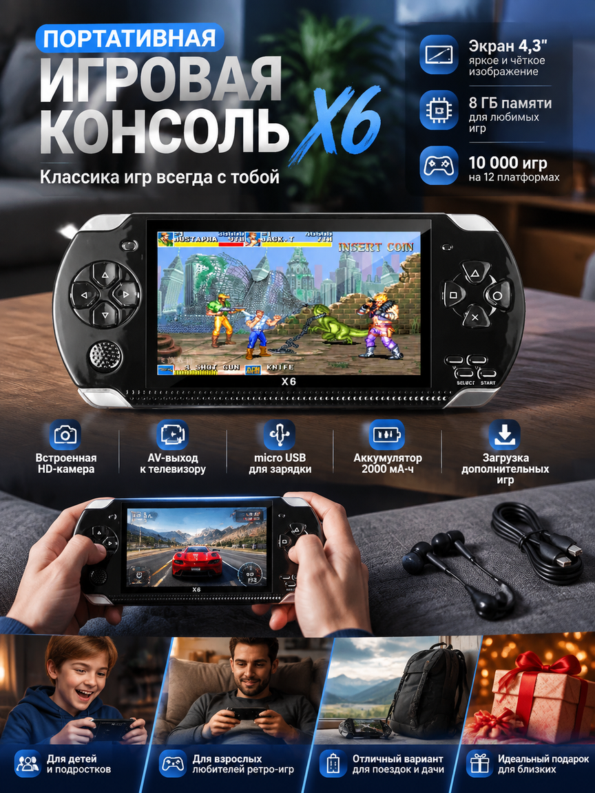 Портативная консоль X6: экран 4,3 дюйма, 8 ГБ памяти и 10 000 игр на 12 платформах
