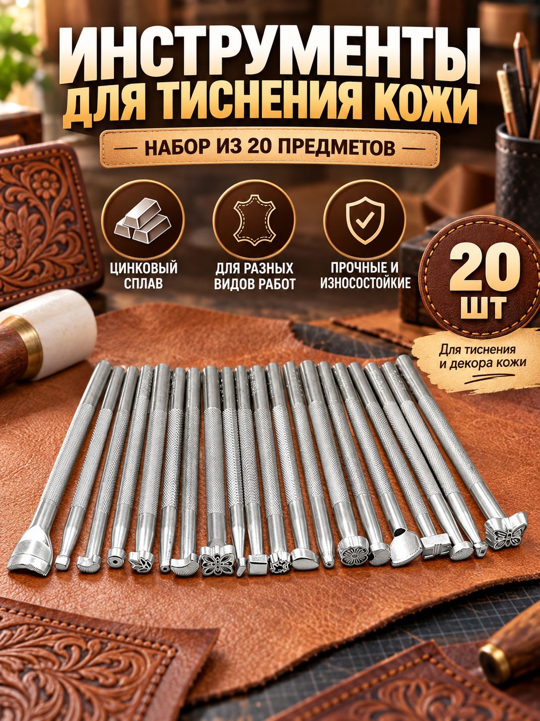 Инструменты для тиснения кожи набор 20 шт, из цинкового сплава, прочные, для декора и разных видов кожаных работ