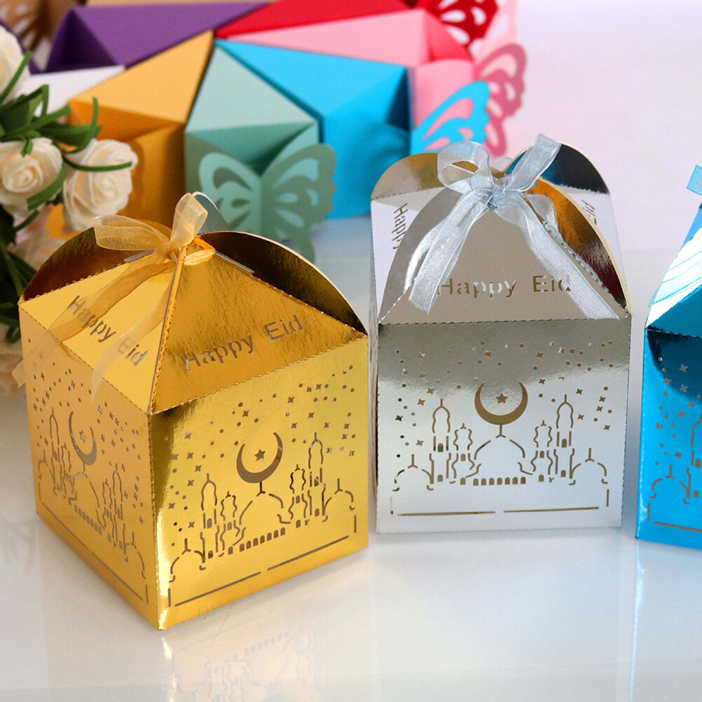 50 Штук Красивых Коробок Для Конфет С Узором Eid Из Премиальной Бумаги Золотого Цвета 5x5x8 Cm