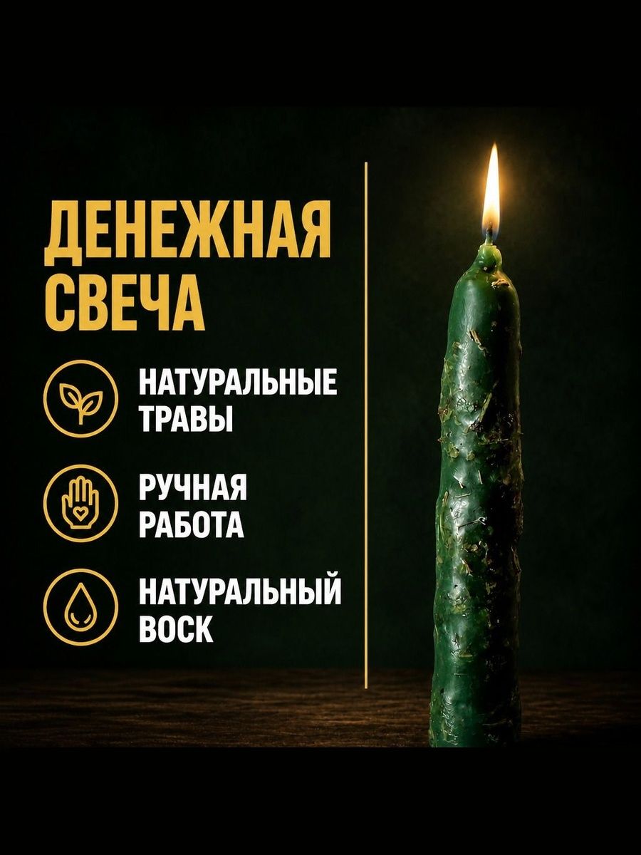 Магическая денежная свеча, зеленая, привлечение денег, для практик и ритуалов