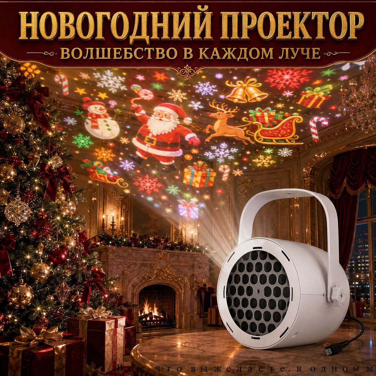 Новогодний светодиодный проектор с движущимися рисунками, USB, вращающийся диско-светильник со снежинками и Дедом Морозом для дома, окна и в