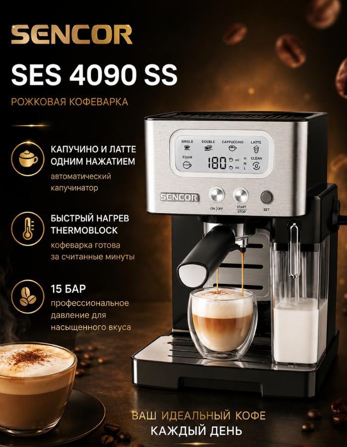 Кофемашина SENCOR SES 4090SS, черная/серебристая, 1450Вт, 15 Бар